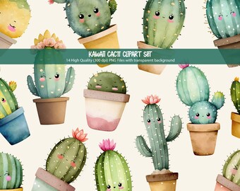 Kawaii Cactus Clipart Set, Cactus Illustration Set, Cute Succulent ...