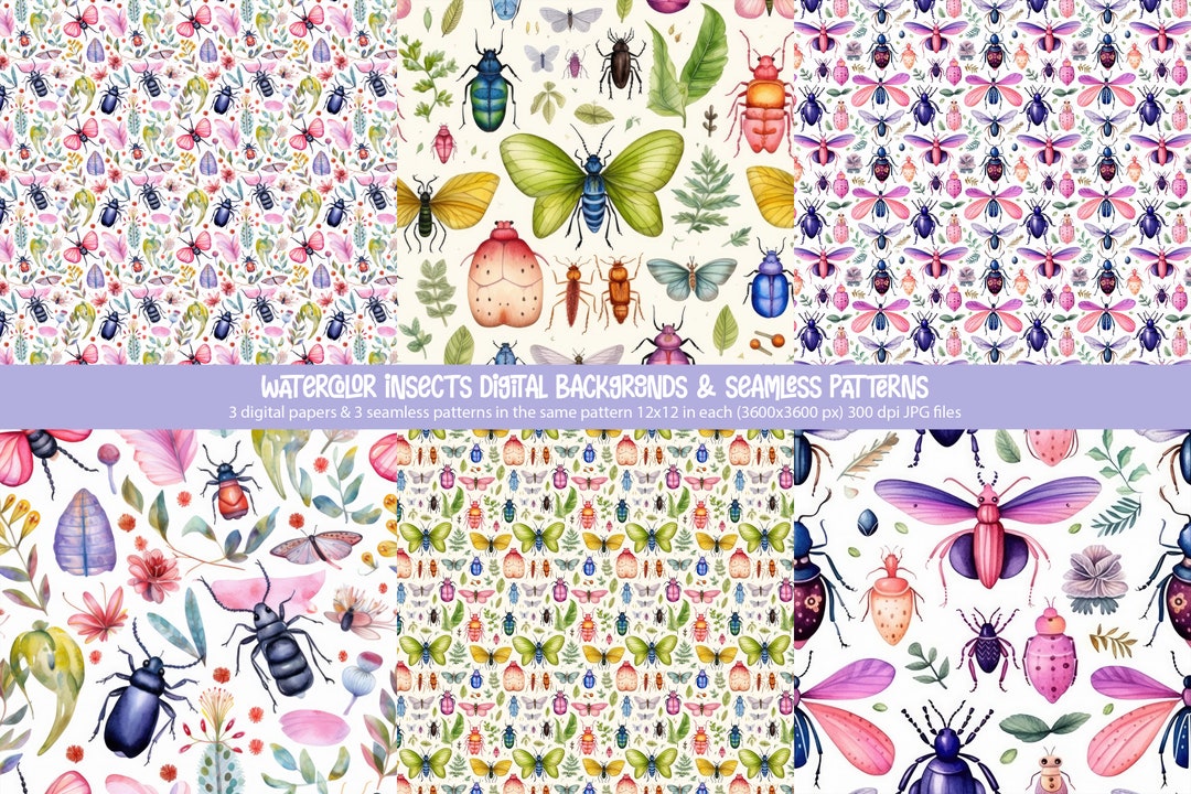 Bugs Insects Watercolor Seamless Patterns and Backgrounds, Beetle ...