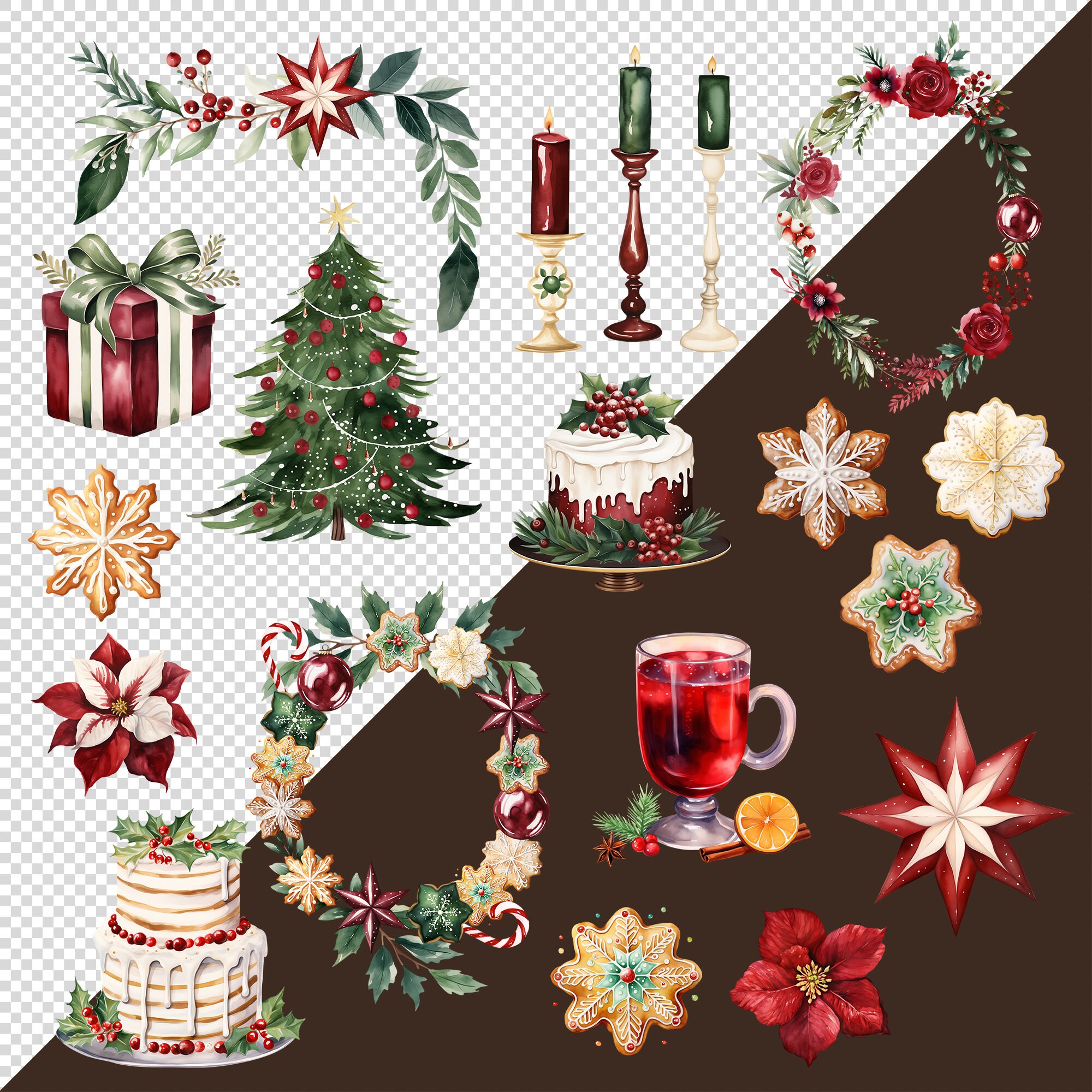 Watercolor Christmas Clipart Set Classic Colors, Christmas Tree ...