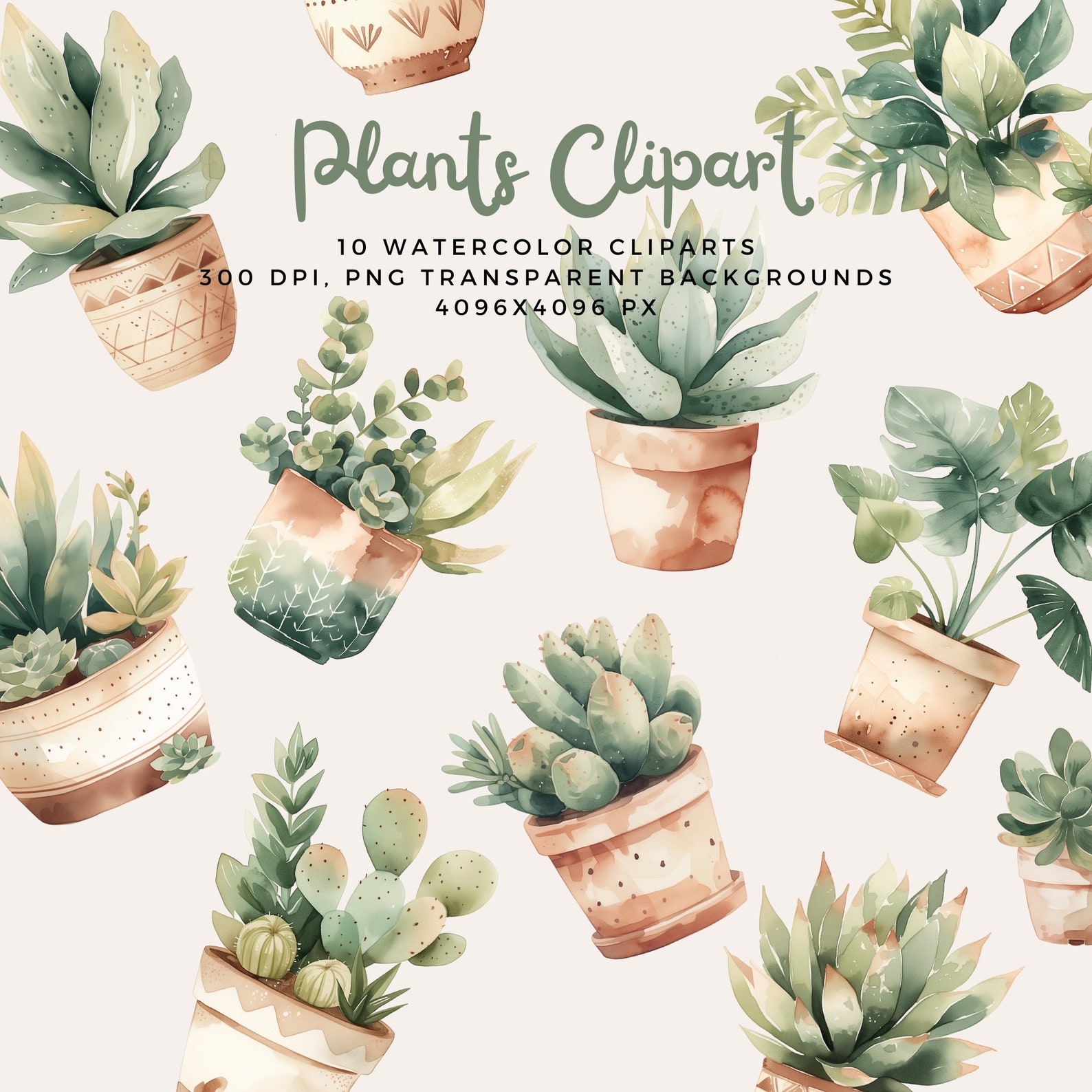 Watercolor Potted Plants Clipart - Green House Plant - Instant Download ...
