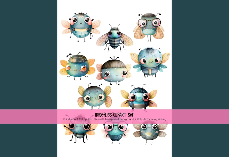 Cute Kawaii Housefly Clipart Set - Digital and Printable - 11 PNG Clip ...
