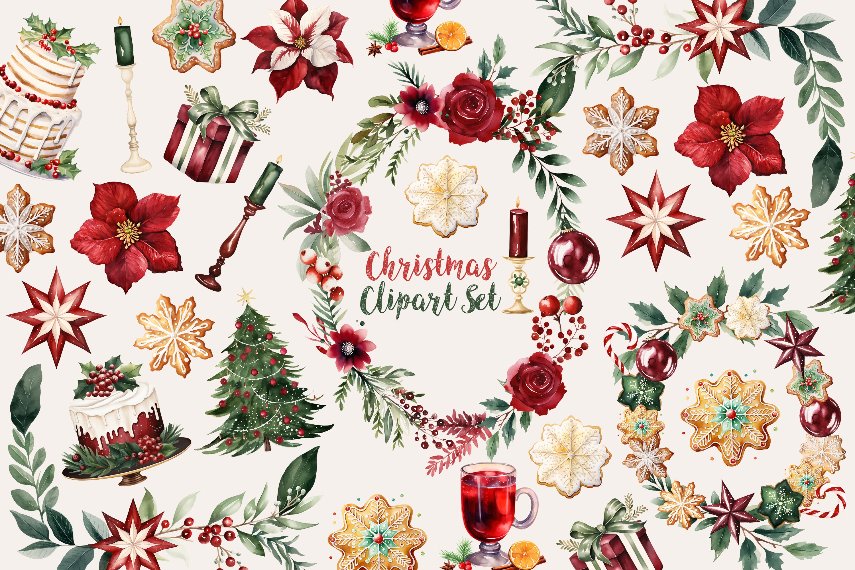 Watercolor Christmas Clipart Set Classic Colors, Christmas Tree ...