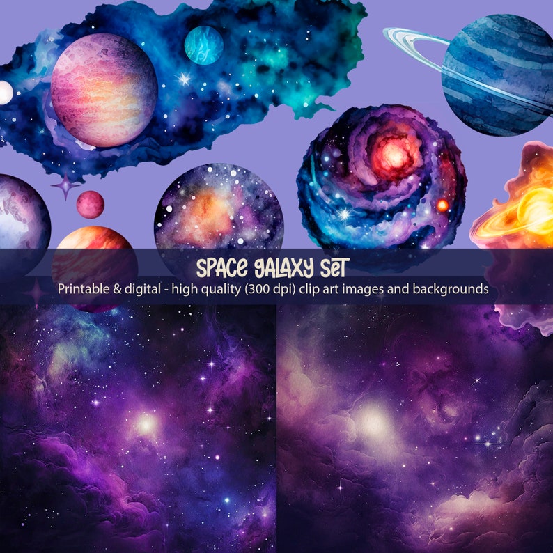Space Galaxy Planet Watercolor Clip Art and Background Set Digital and ...