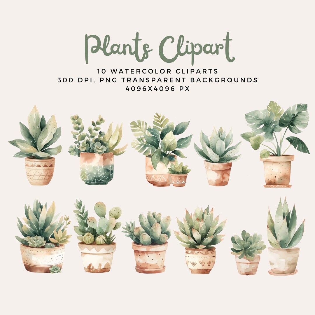 Watercolor Potted Plants Clipart - Green House Plant - Instant Download ...