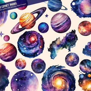 Space Galaxy Planet Watercolor Clip Art and Background Set - Digital ...