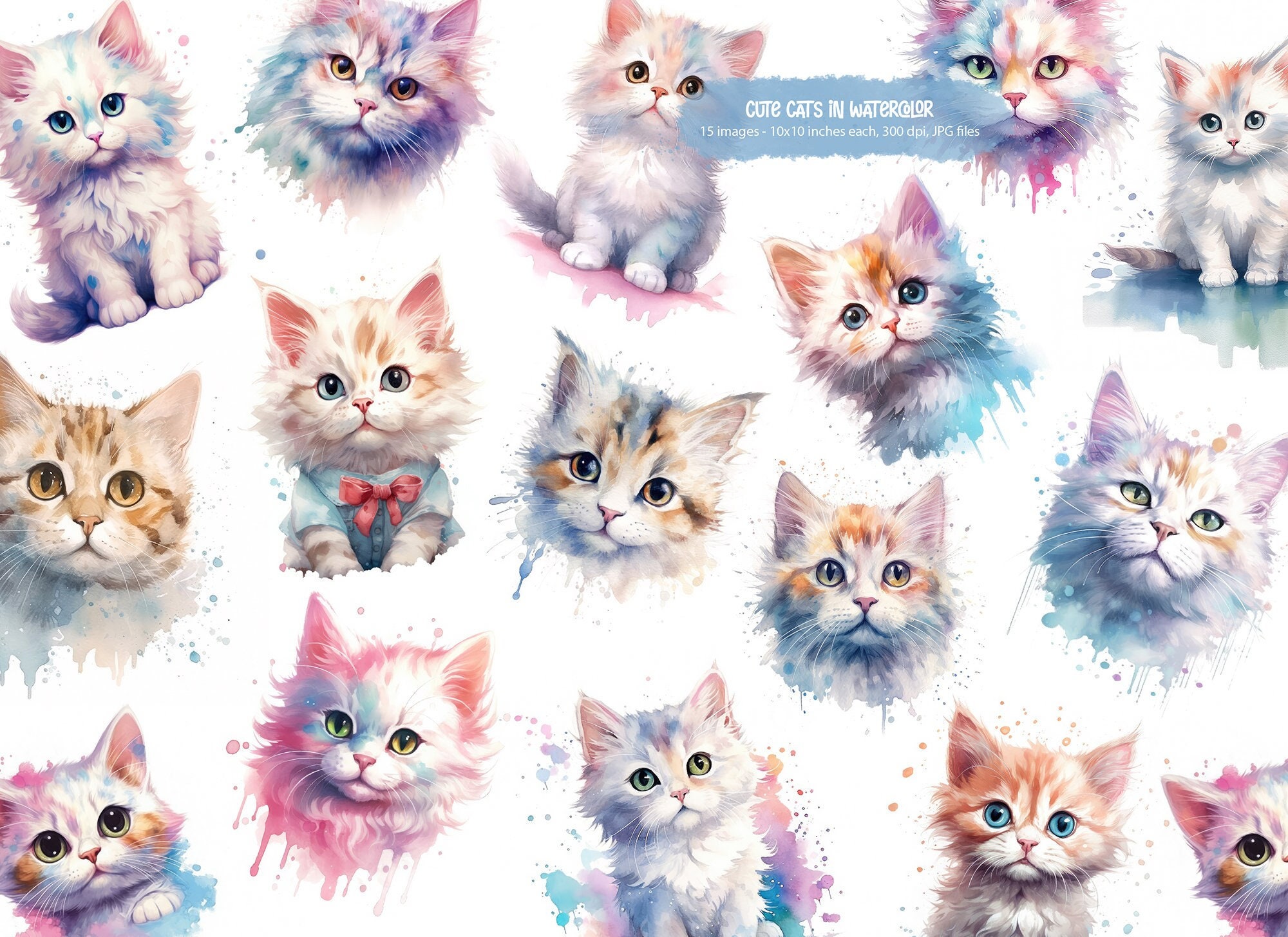 15 Cute Cat Clipart Images, Kitten Cats Watercolor Jpg Graphics, Kitty ...