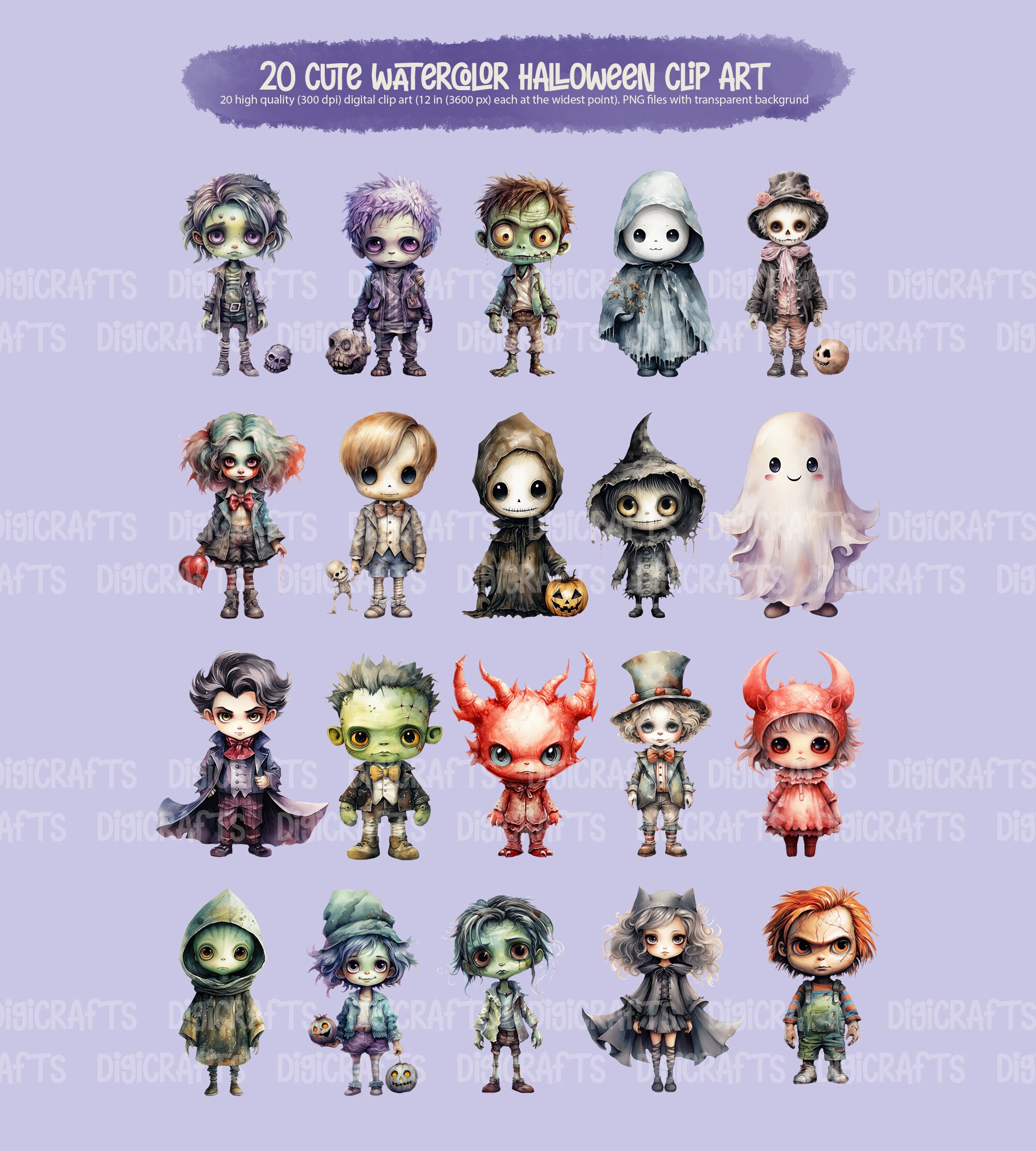 Cute Halloween Watercolor Clipart Characters, Halloween PNG Images ...
