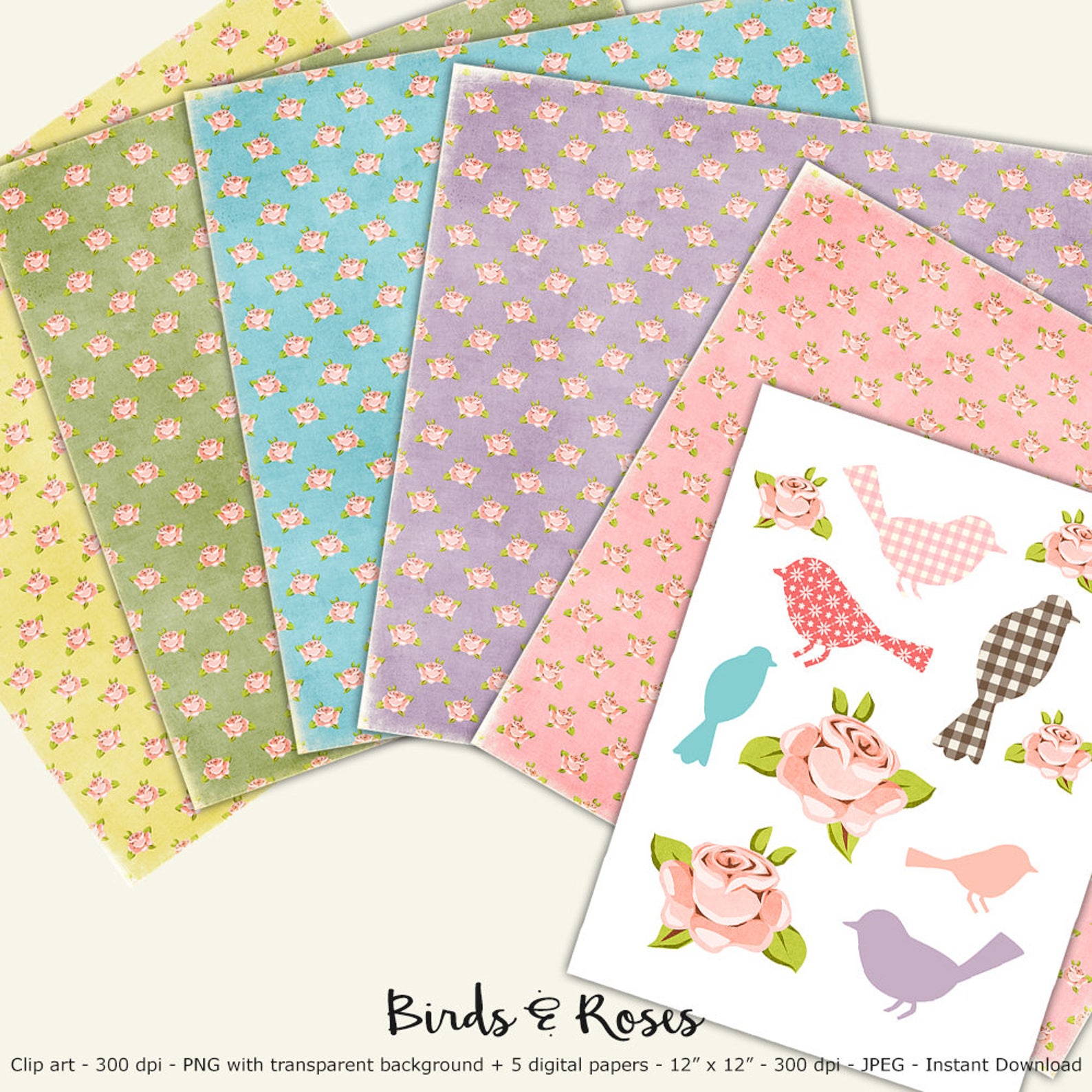 Romantic Birds and Roses Digital Paper and Clipart Set - Etsy