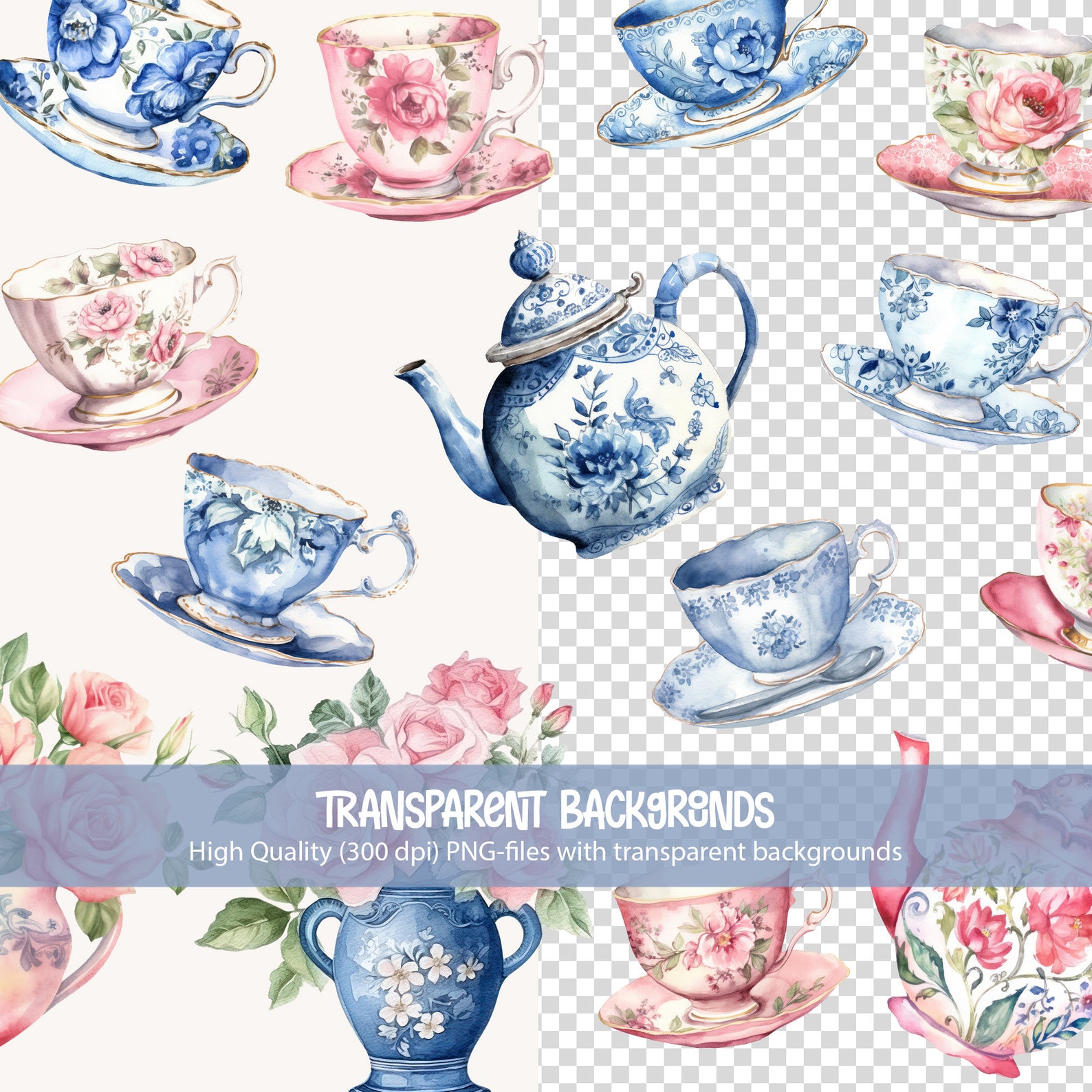 Vintage Watercolor Teacups Clip Art Set - Pink and Blue Roses, Tea ...