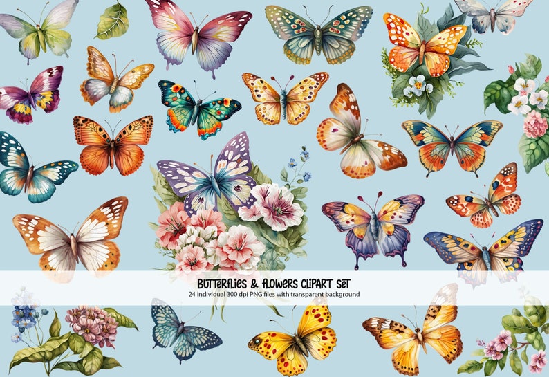 Butterflies Flower Clipart Digital and Printable Clip Art - Etsy