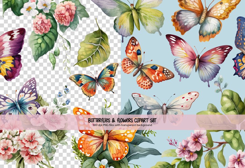 Butterflies Flower Clipart Digital and Printable Clip Art - Etsy