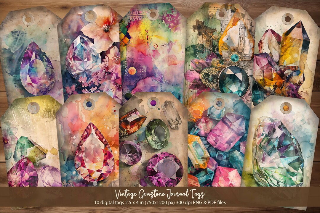 10 Shabby Crystal Gemstones Vintage Journal Tags, Digital and Printable ...
