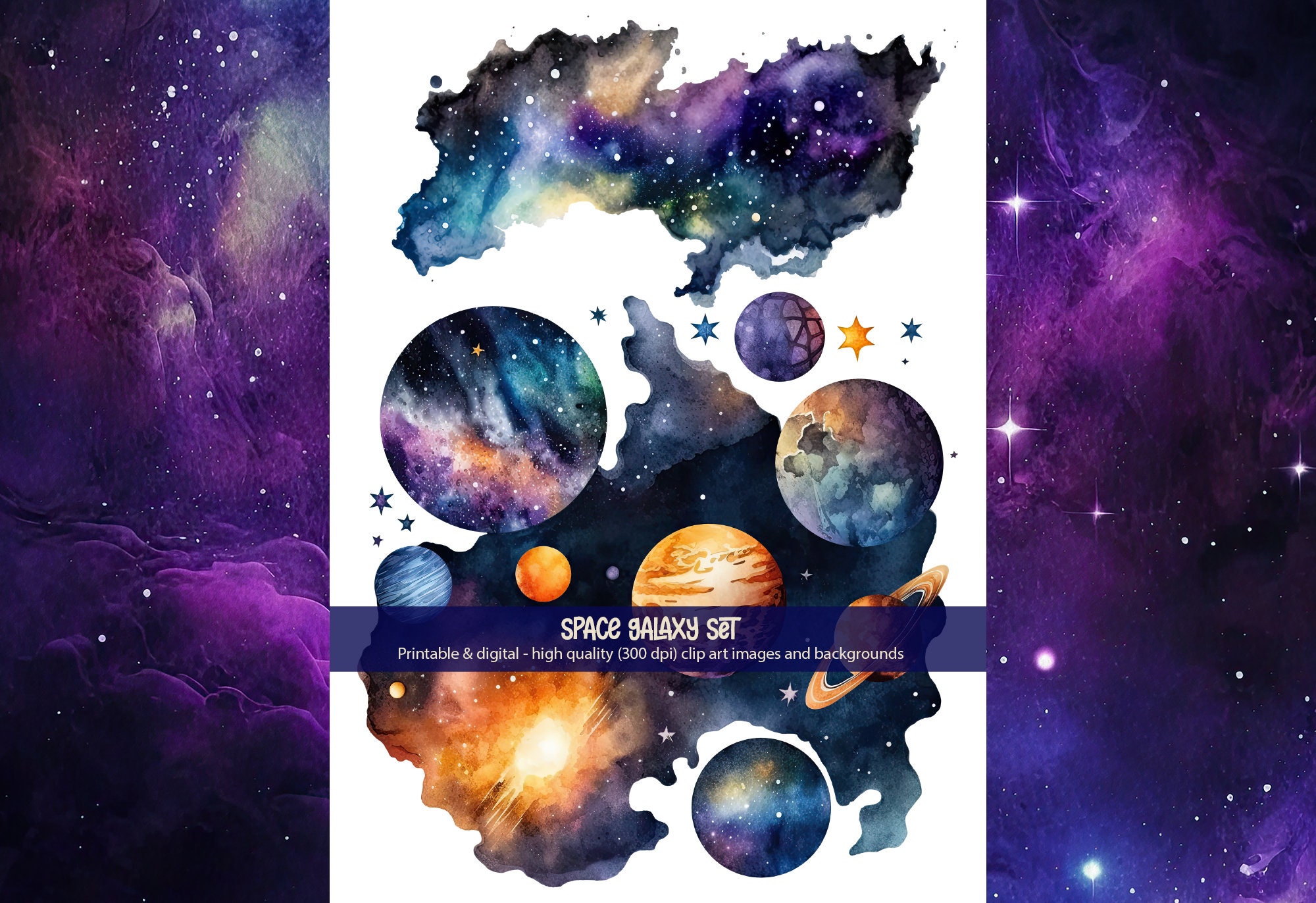 Space Galaxy Planet Watercolor Clip Art and Background Set Digital and ...