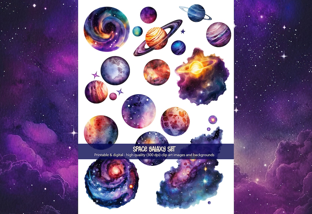 Space Galaxy Planet Watercolor Clip Art and Background Set - Digital ...