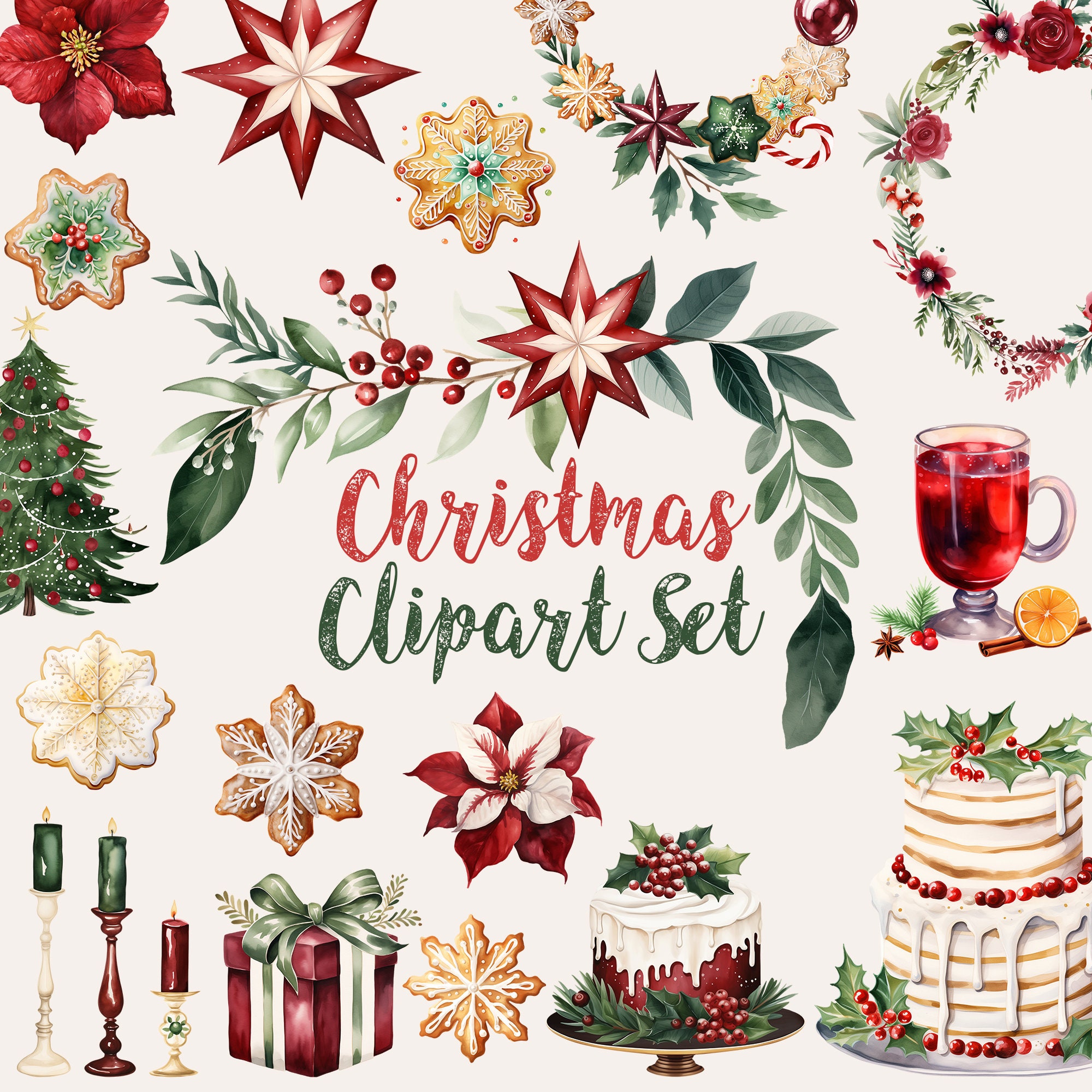 Watercolor Christmas Clipart Set Classic Colors, Christmas Tree ...