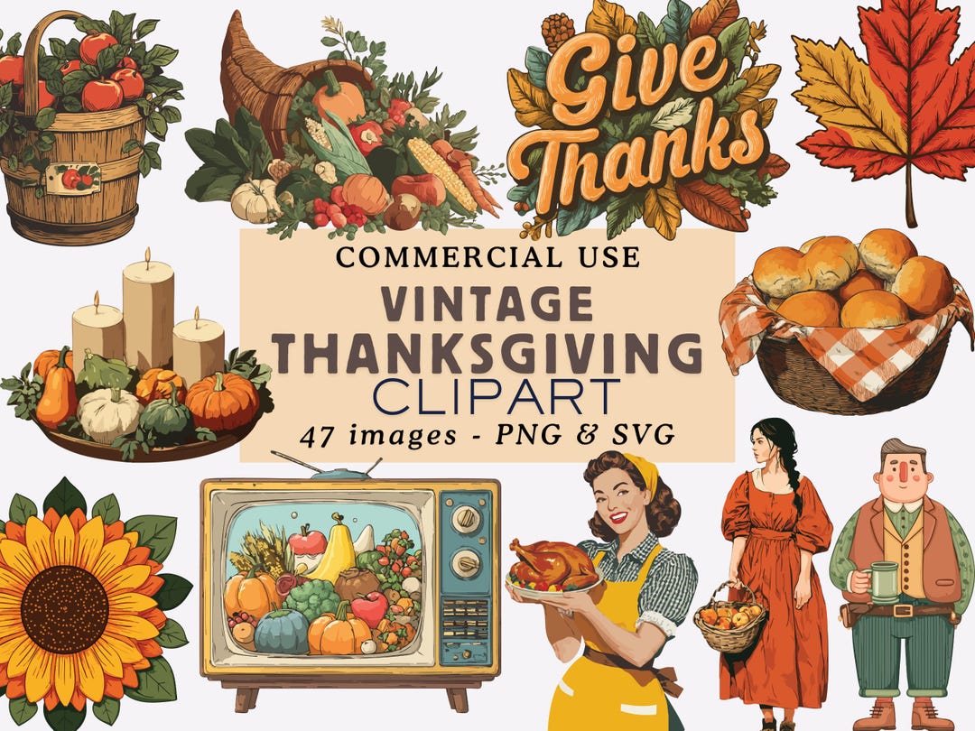 Vintage Thanksgiving Clipart PNG: Retro Holiday Designs (digital ...