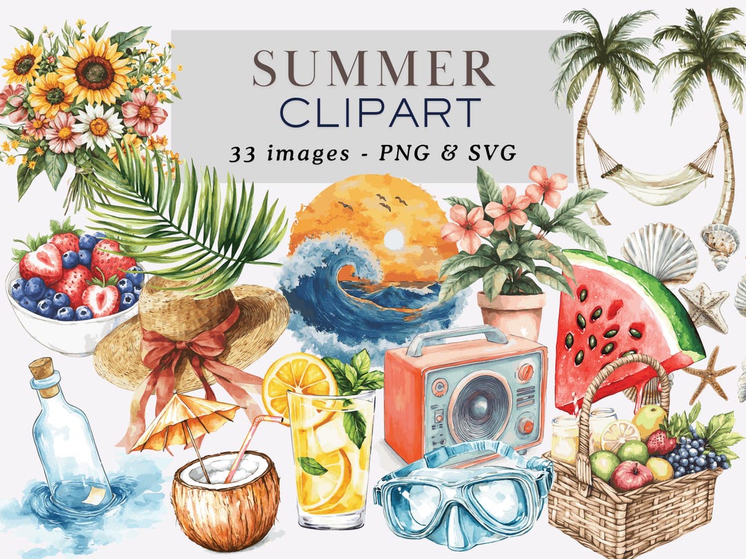 Watercolor Summer Clipart Summer Graphics Summer Illustrations Beach ...