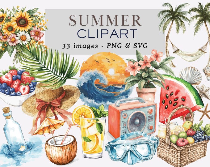 Summer Clipart Set. Cute Beach Clipart Bundle for Personal & Commercial ...