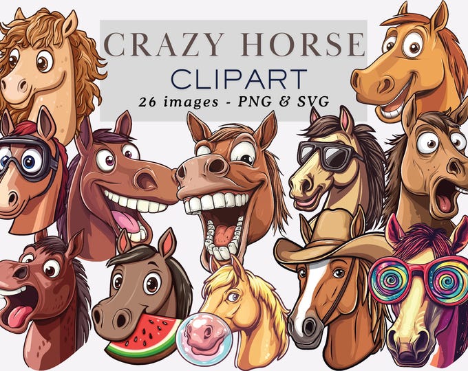 Funny and Crazy Horse Clipart Bundle, Horses PNG, Watercolor Foal ...