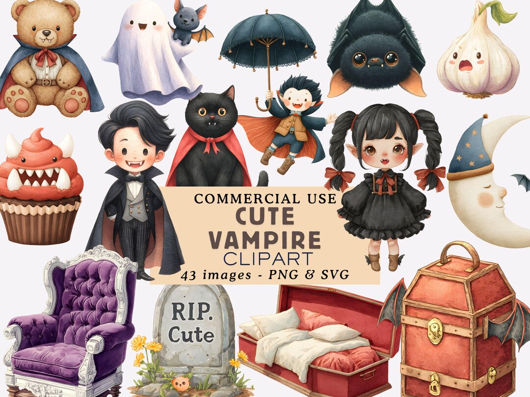 Cute Vampires Clipart Bundle Watercolor Vampires Graphics Kawaii ...