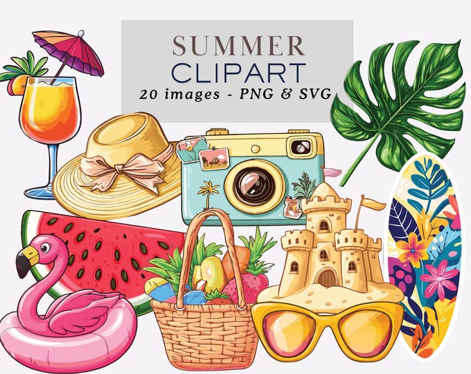 Summer Clipart Set With Cute Kawaii Cartoon Characters. 34 Digital ...