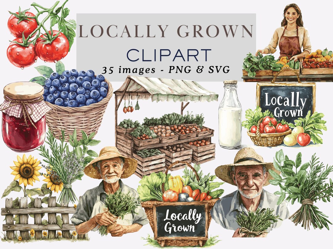 Locally Grown Clipart Farmers Market Clipart Watercolor Locally Grown ...