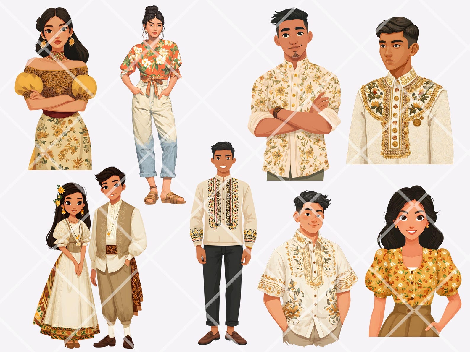 Filipino Fashion Clipart Bundle Traditional Clothes Illustrations Baro ...