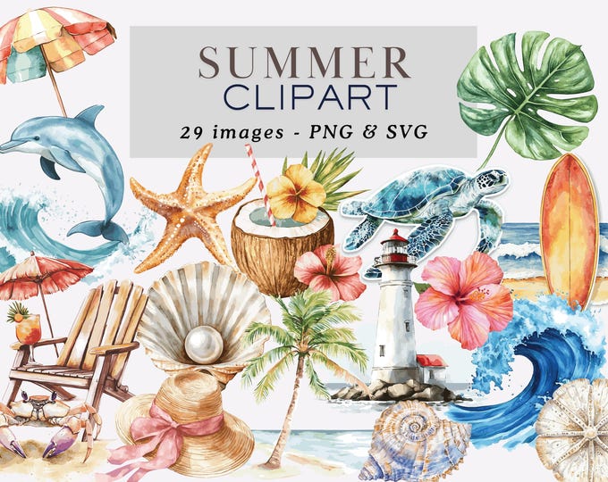 Yellow Summer Watercolor Clipart, Summer Beach Graphics, Beach Vacation ...