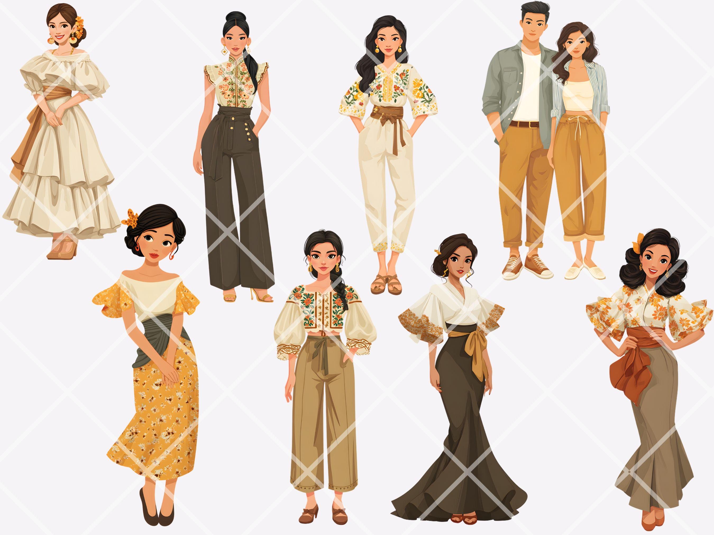Filipino Fashion Clipart Bundle Traditional Clothes Illustrations Baro ...