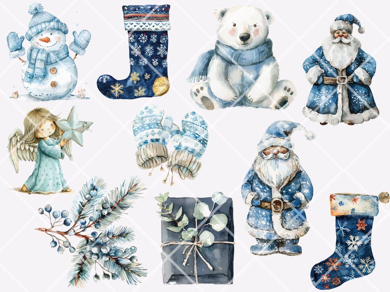 Blue Christmas Clipart Bundle Watercolor Blue Christmas PNG Cute Winter ...