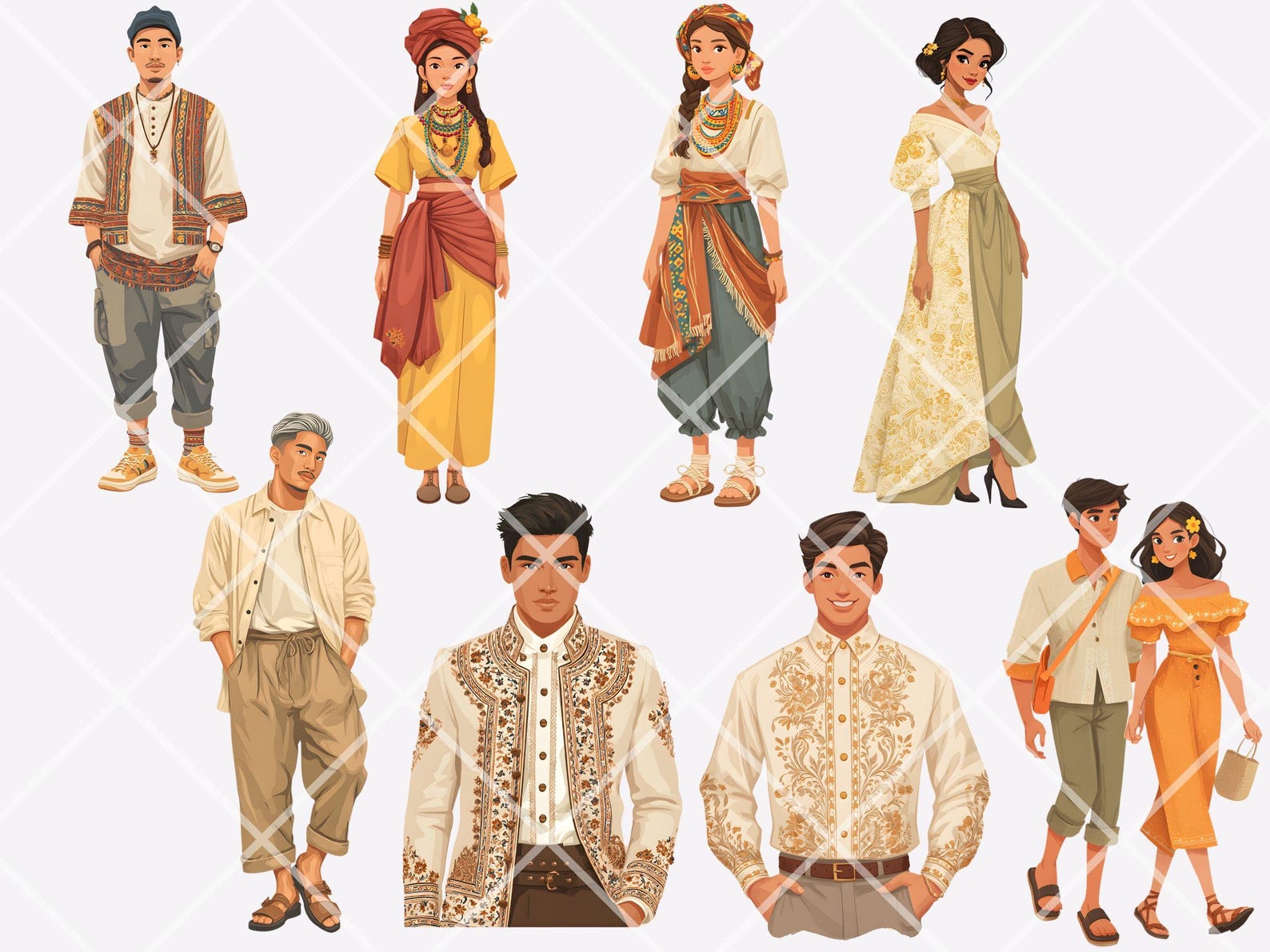 Filipino Fashion Clipart Bundle Traditional Clothes Illustrations Baro ...