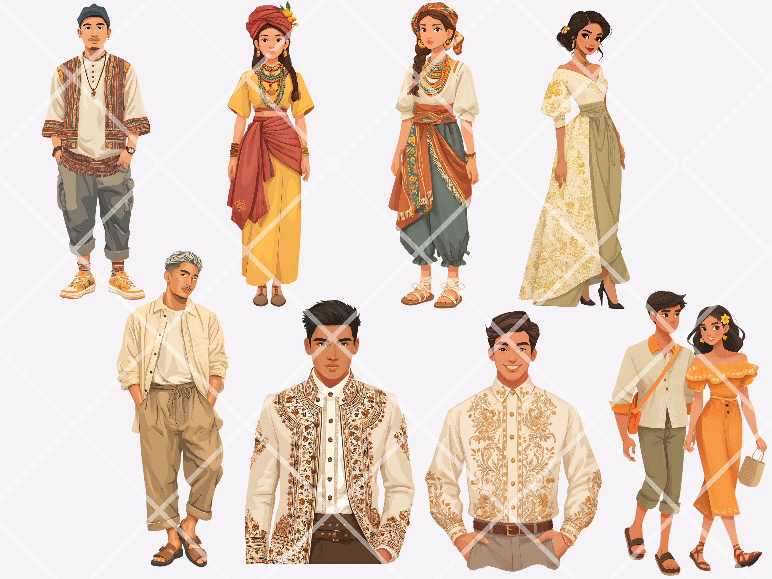 Filipino Fashion Clipart Bundle Traditional Clothes Illustrations Baro ...