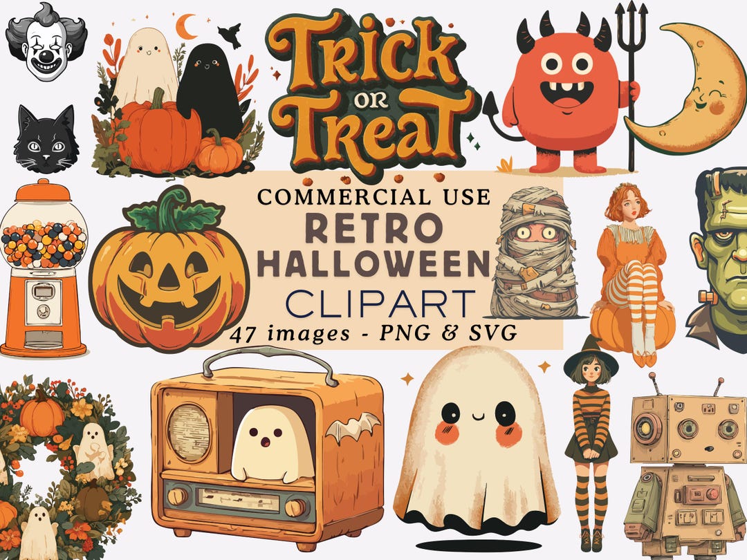 Vintage Halloween Clipart Bundle: Retro PNG Graphics (digital Download ...