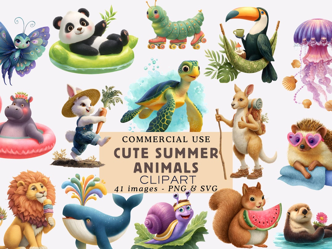 Cute Summer Animals Clipart Bundle Ocean Animals Vacation Illustrations ...
