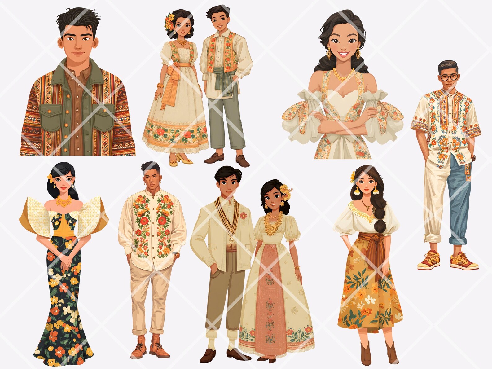 Filipino Fashion Clipart Bundle Traditional Clothes Illustrations Baro ...