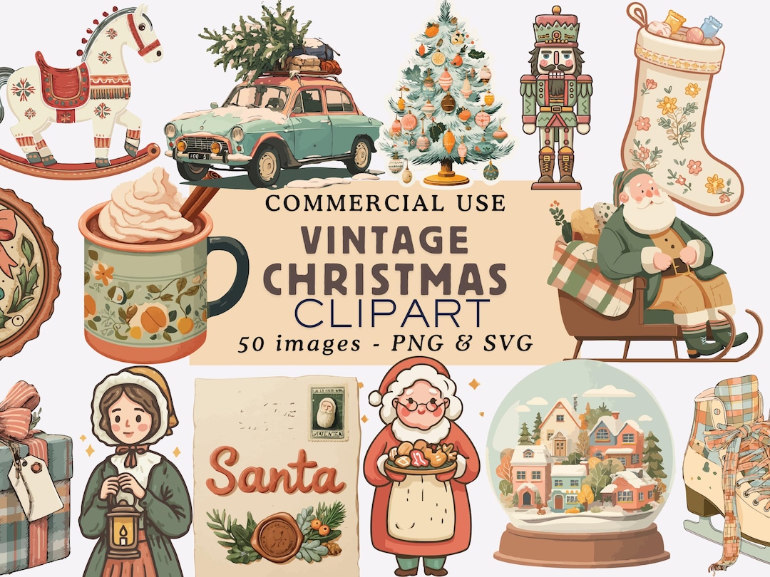 Vintage Christmas Clipart Bundle: Retro Santa, Ornaments (PNG, SVG ...