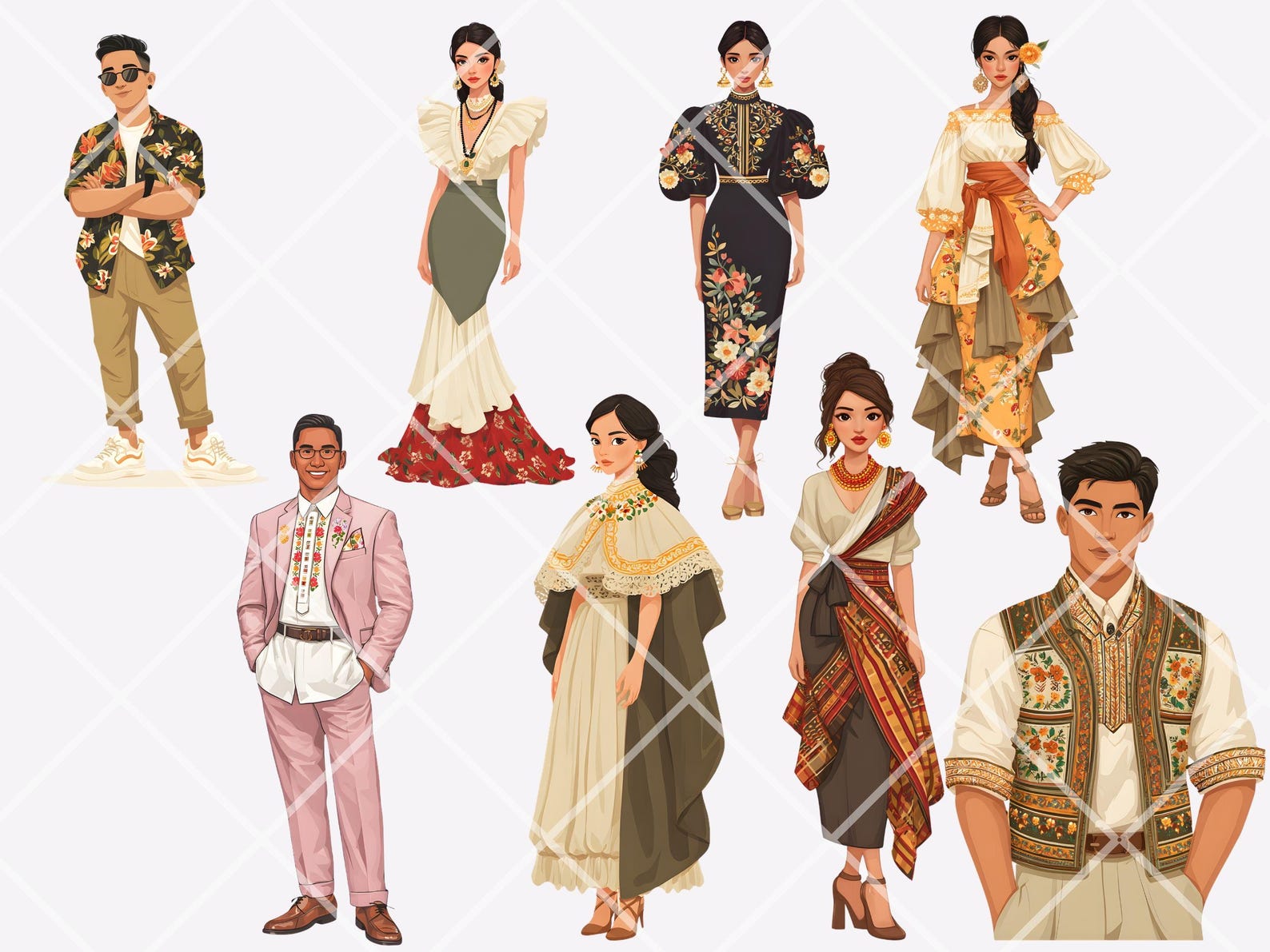 Filipino Fashion Clipart Bundle Traditional Clothes Illustrations Baro ...