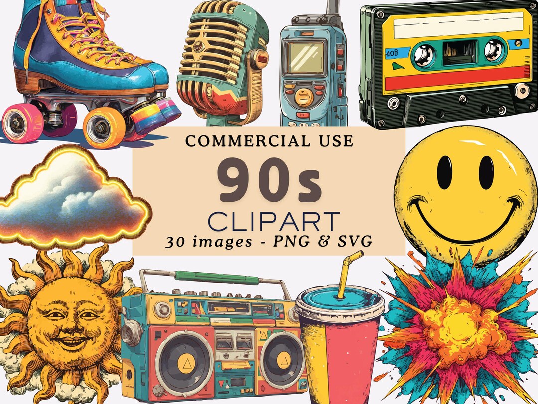 90s Clipart Bundle | Retro Neon Graphics, Vintage Elements (SVG & PNG ...