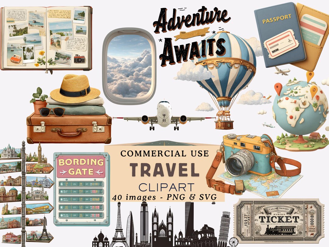 Travel Clipart Bundle Vacation PNG Graphics Adventure Clipart Suitcases ...