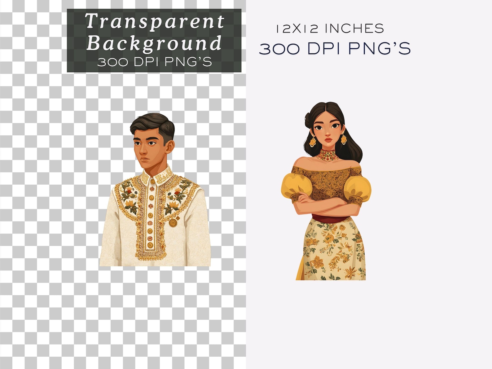 Filipino Fashion Clipart Bundle Traditional Clothes Illustrations Baro ...