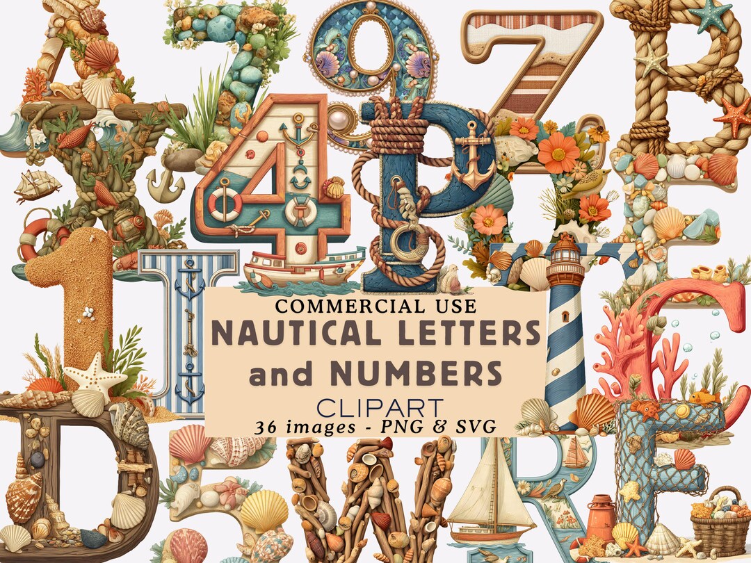 Nautical Letters Alphabet Numbers Clipart Bundle Ocean Lettering ...