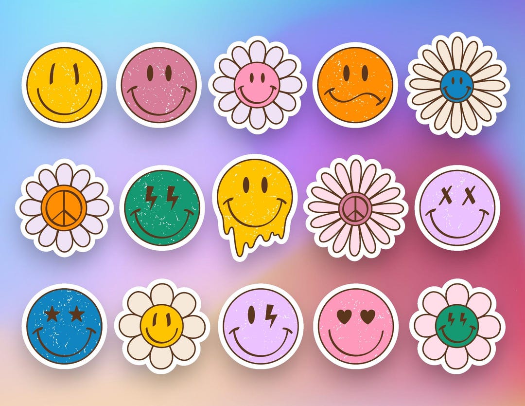 Retro Smile Face Groovy Sticker Pack - Etsy