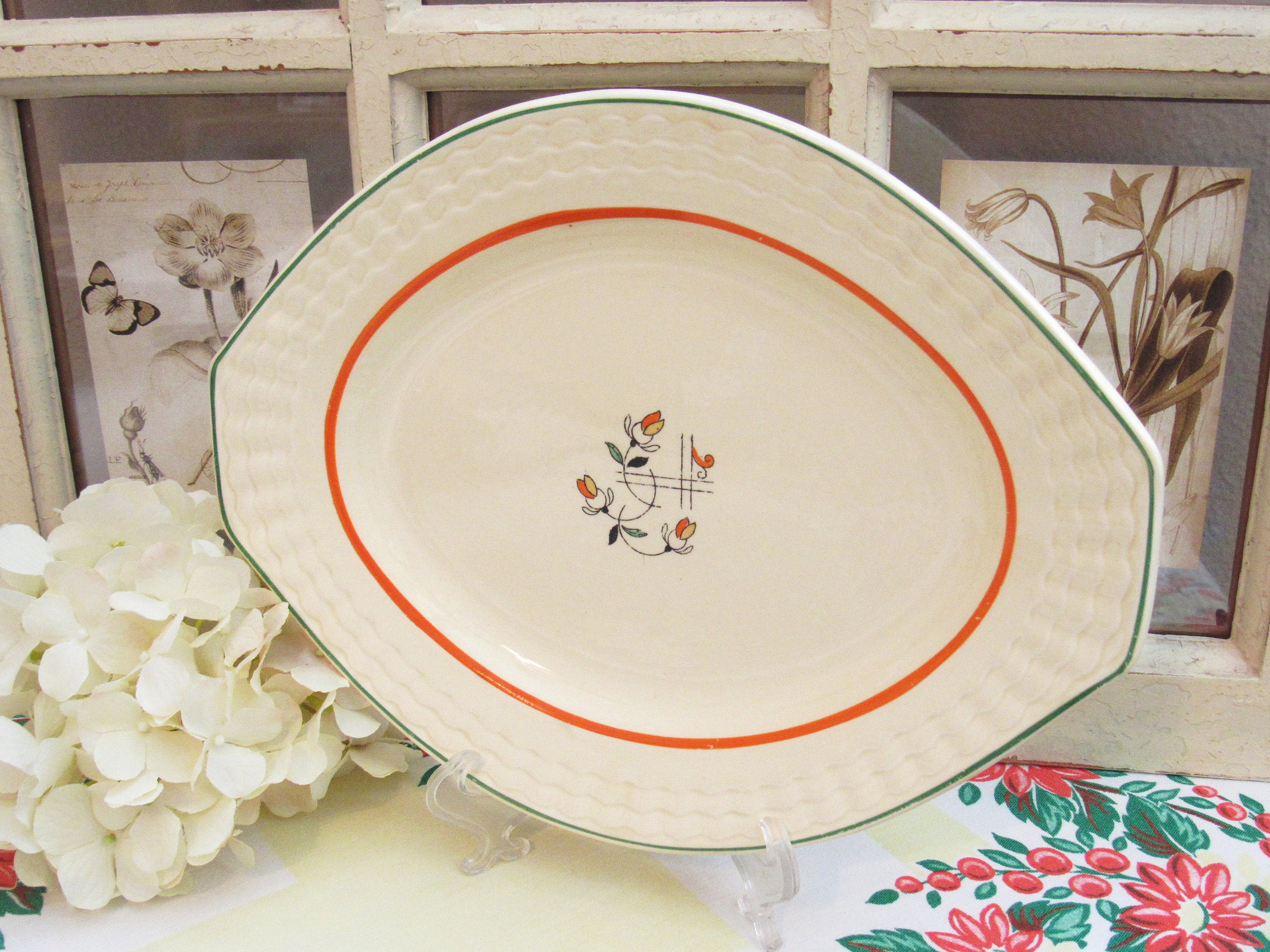 Vintage Art Deco Royal Adams Ivory Orange and Green Floral Oval Platter ...