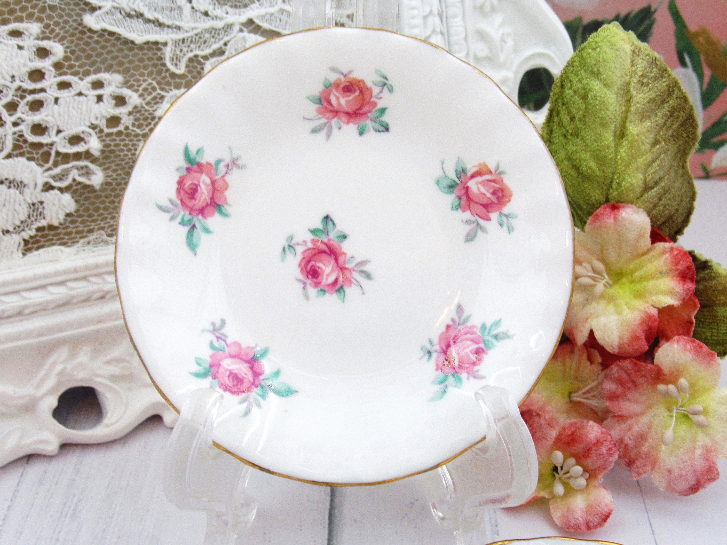 Vintage Chic Pink Roses on White Butter Pats, Small Adderley Lawley ...