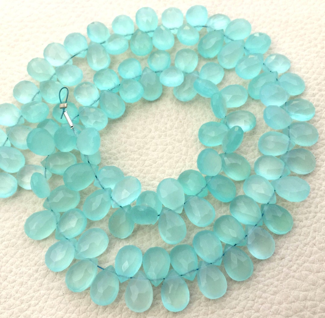 10x7mm, Full 7 Inch Strand, Peru Aqua. Blue Chalcedony Faceted Pear ...