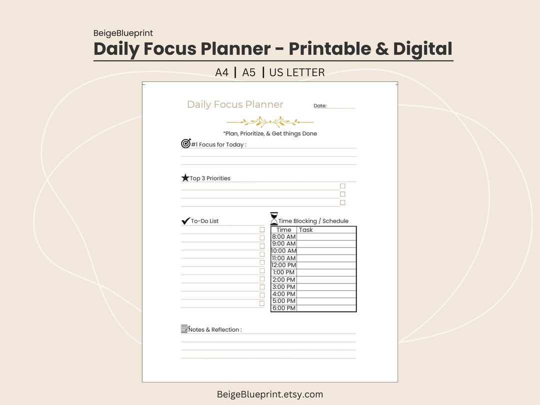 Daily Focus Planner | Printable Productivity Plan | Task Organizer ...