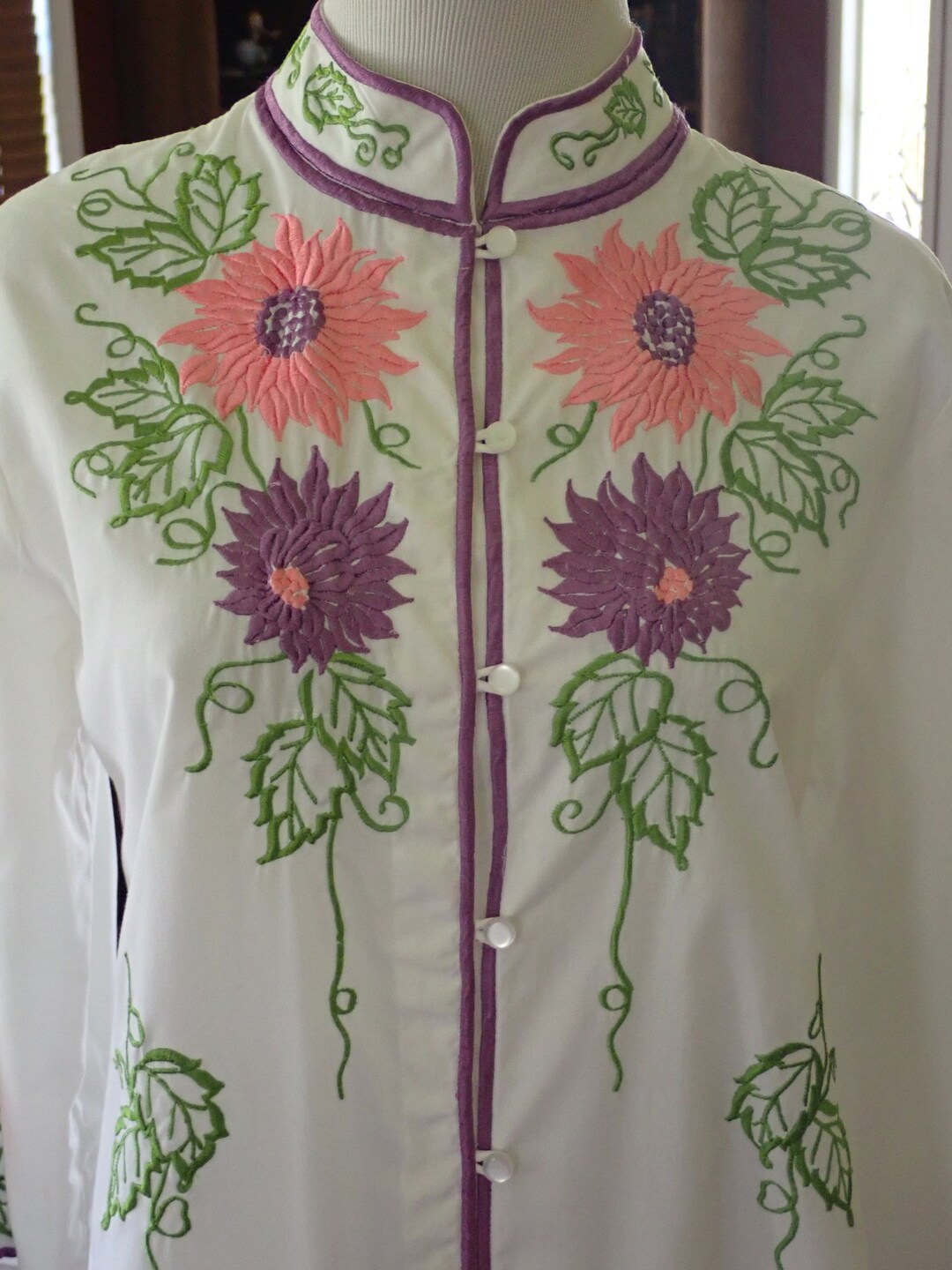 Vintage 70s 1970s Chuchi White Embroidered Top Purple Pink Green Flower ...