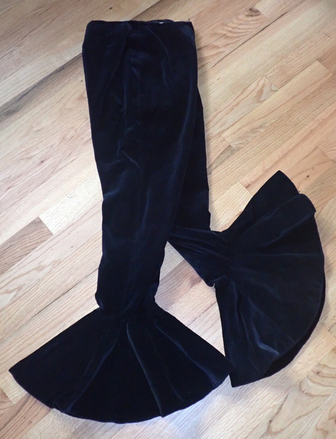 60s 1960s Vintage High Waist Black Cotton Velvet Flounce Bell Bottom ...