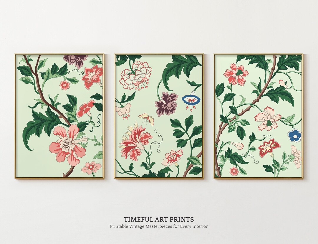 Set of 3 Vintage Boho Rococo Floral Wall Art Prints, 18th Century ...