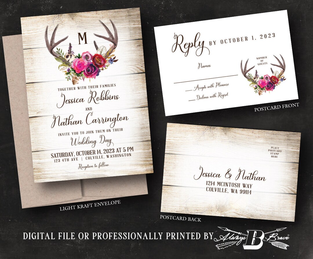 Deer Antler Wedding Invitation Woodland Boho Invites Wood - Etsy